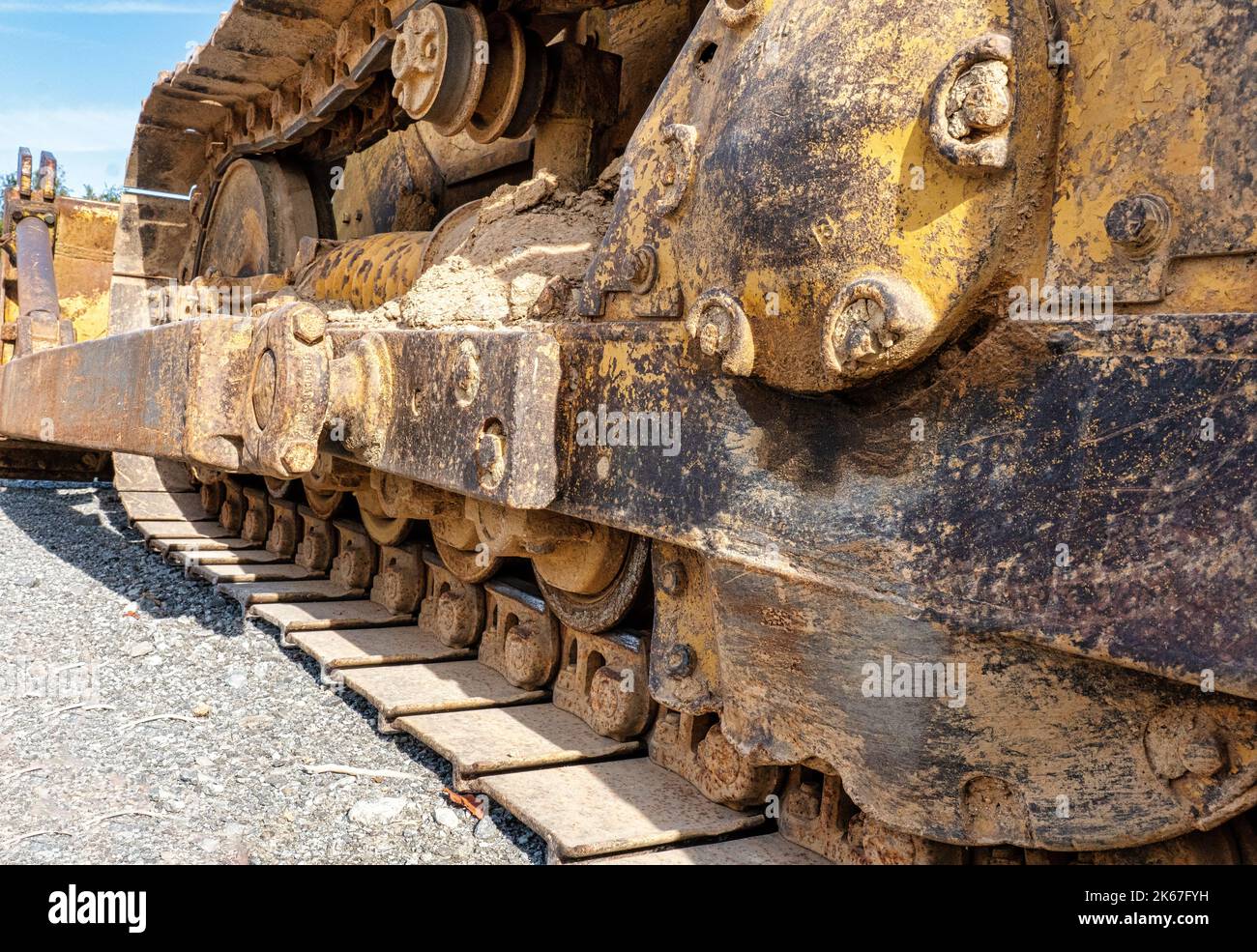Close up of an old bulldozer track at a construction site used for ...
