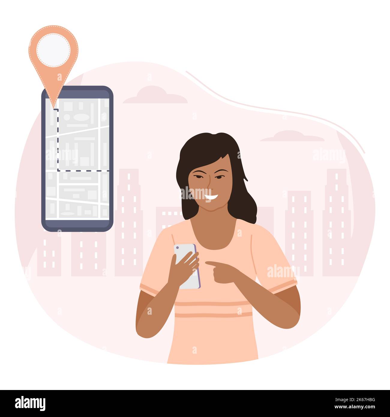 Vector illustration Woman using maps app on cell phone Girl trying to ...