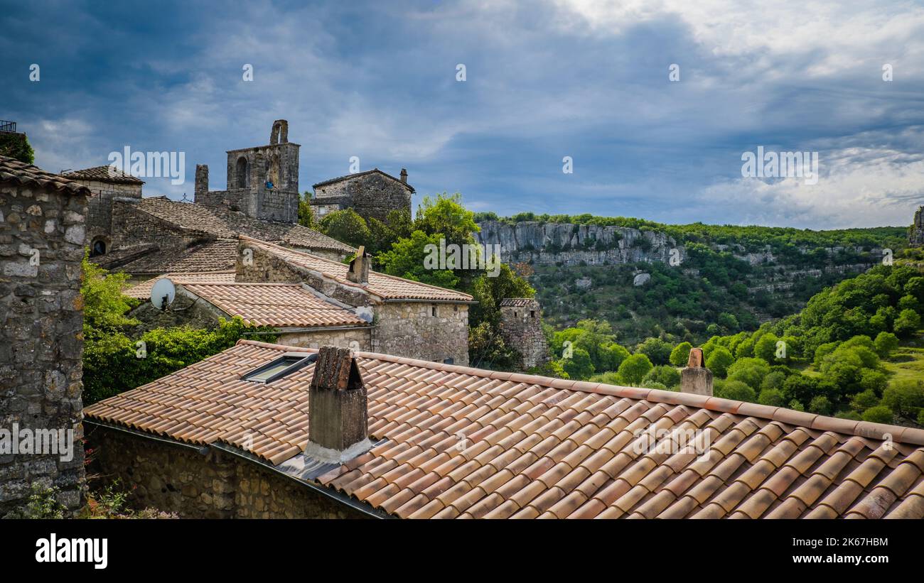 View on the tile roofs of the medieval village of Balazuc, in the south ...