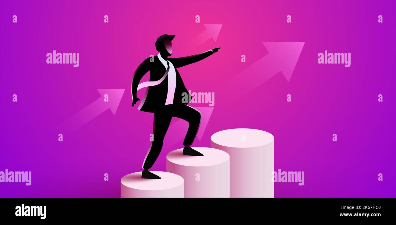 Businessman stands on a growing chart and points the way. Leadership ...