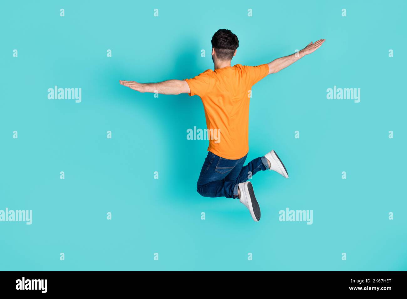 Top high angle back rear full size photo of nice man imagine can fly ...