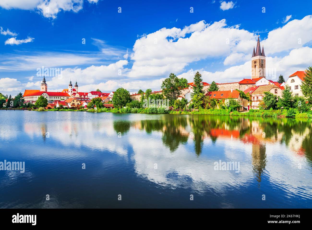 Telc, Czech Republic. Beautiful sunny water reflection landscape with ...