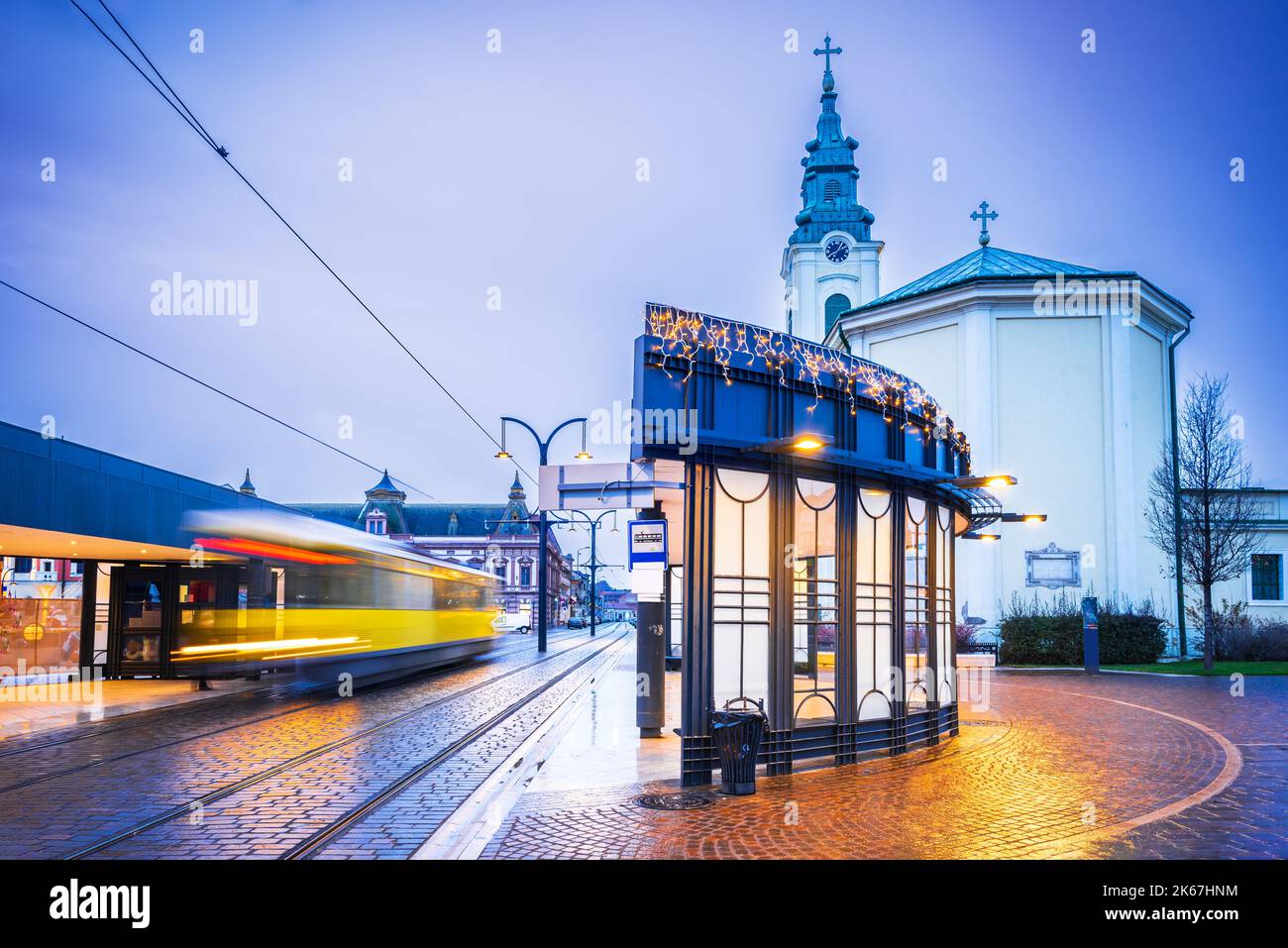 Oradea, Transylvania with tram station in Union Square cityscape in ...