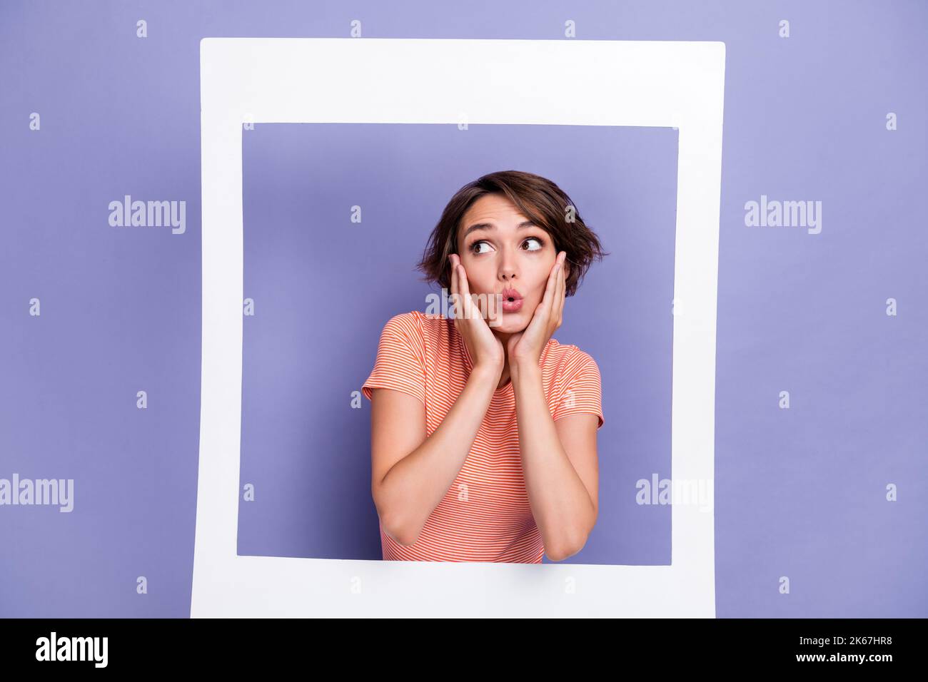 Portrait of afraid scared impressed lady arm face unexpected ...