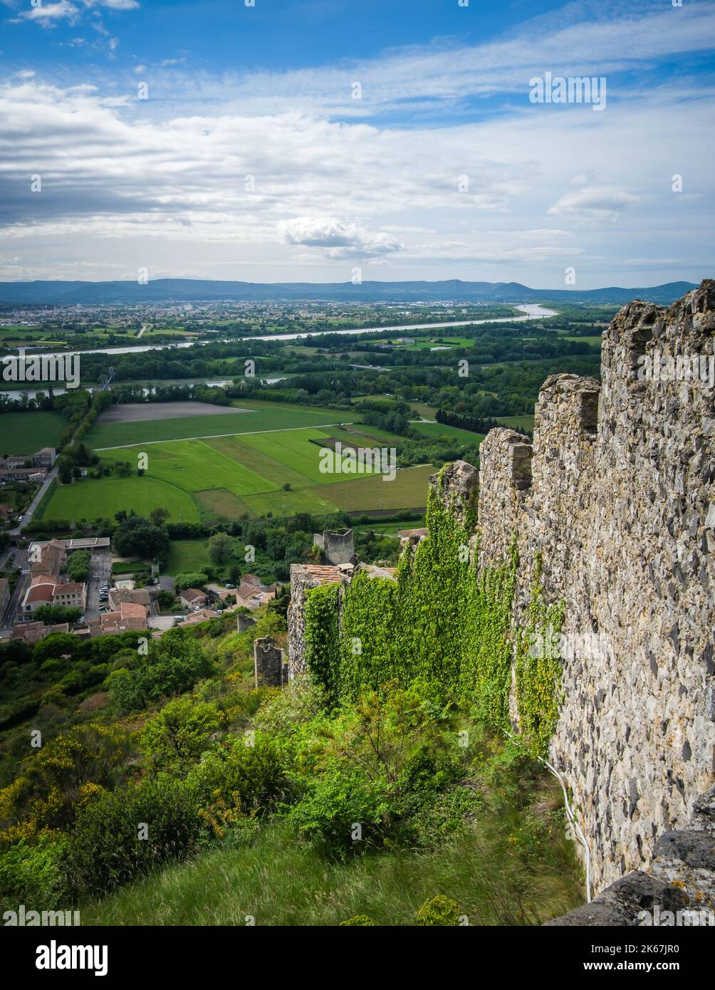 View on the medieval fortification of Rochemaure village, the ...