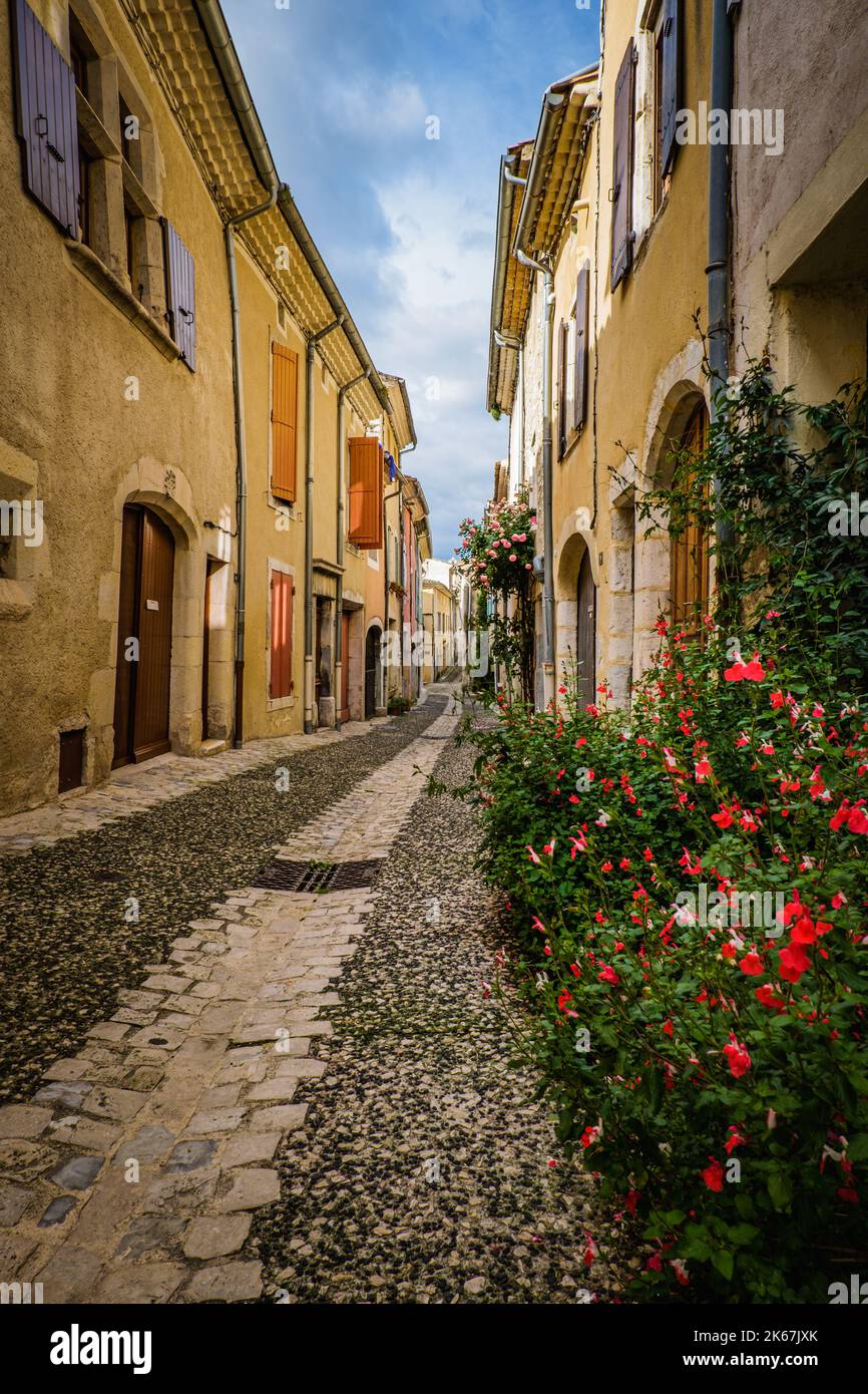 Medieval houses and cobblestone street in the village of Rochemaure, in ...