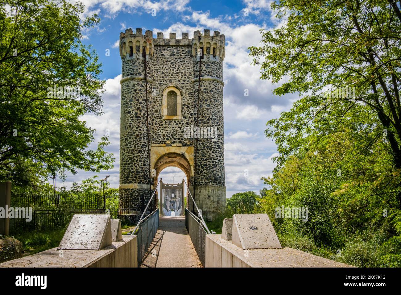 The old suspenson bridge over the Rhone River in Rochemaure, in the ...