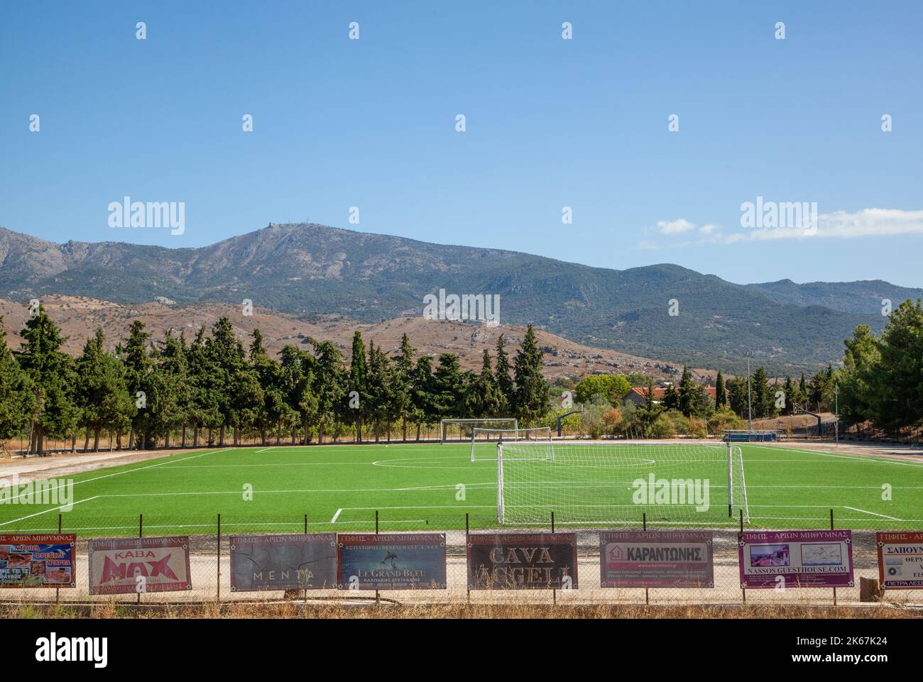 The football and sports ground at the Greek holiday resort of Molyvos ...