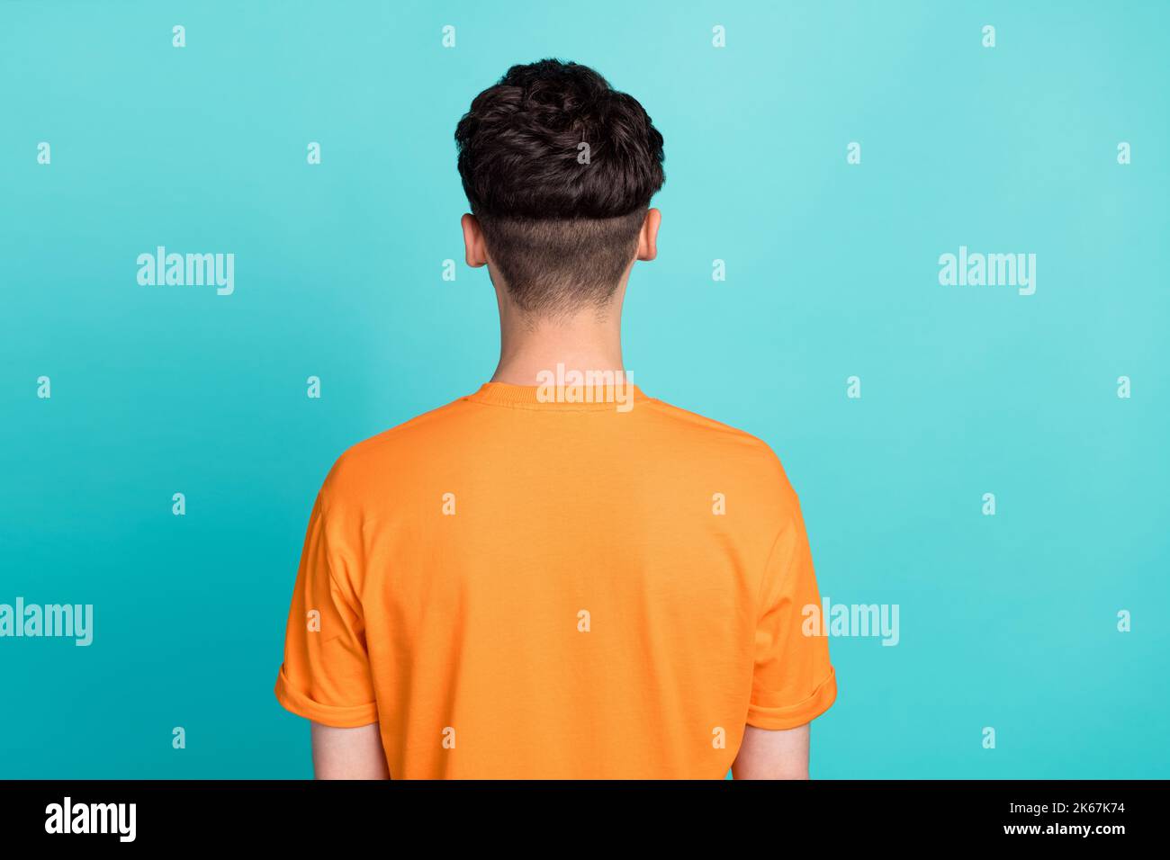 Back rear spine photo of guy stand incognito have modern haircut silky ...