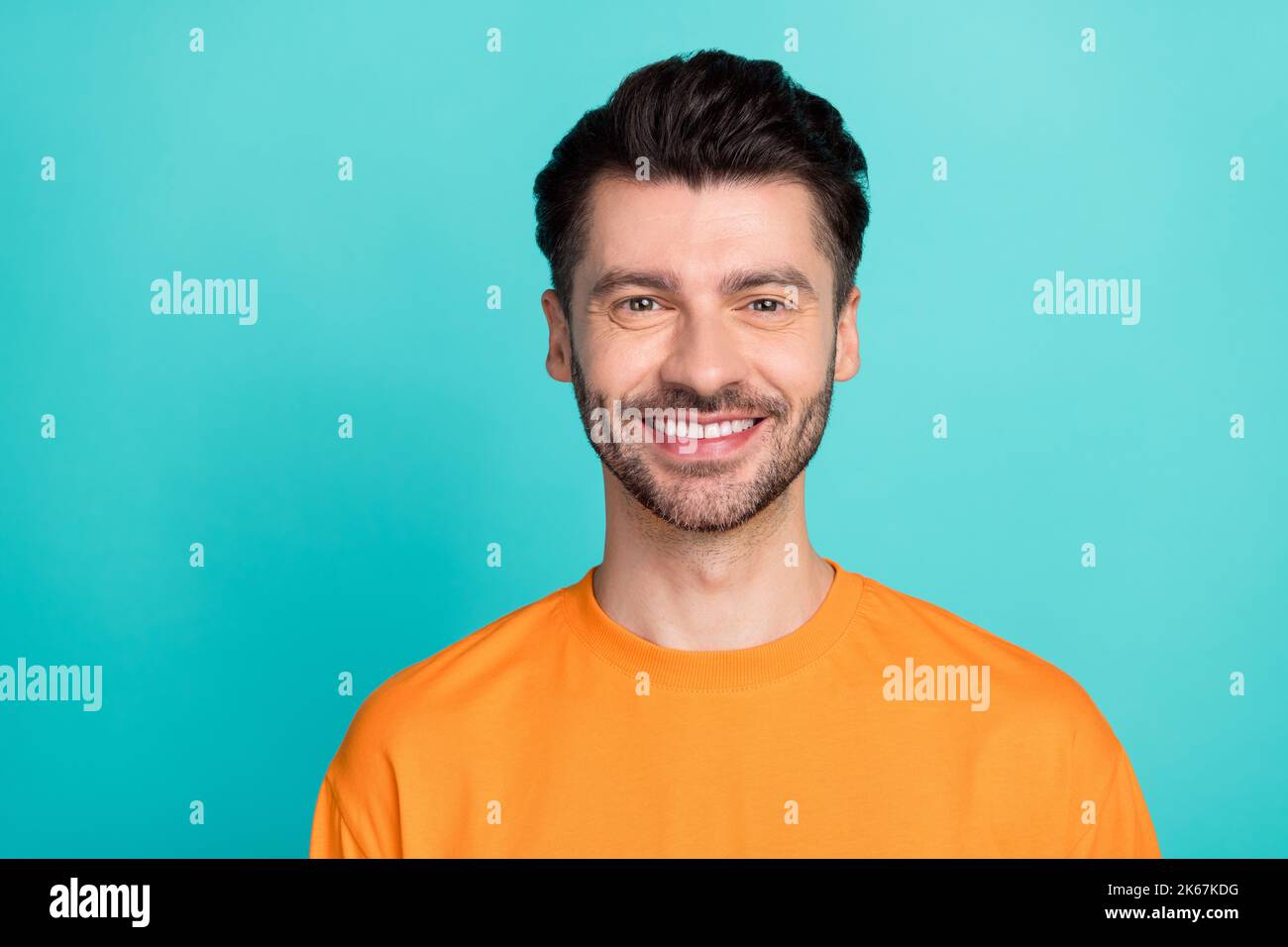 Closeup photo of young attractive nice pretty boyfriend man toothy ...