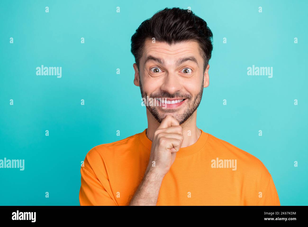 Closeup Photo Of Young Handsome Pretty Nice Guy Wear Orange T Shirt
