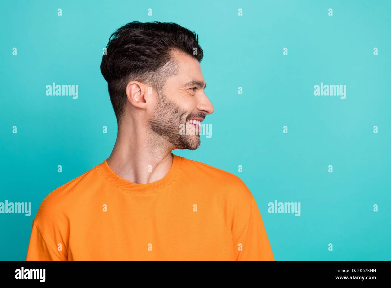 Side profile photo of young attractive handsome bearded positive ...