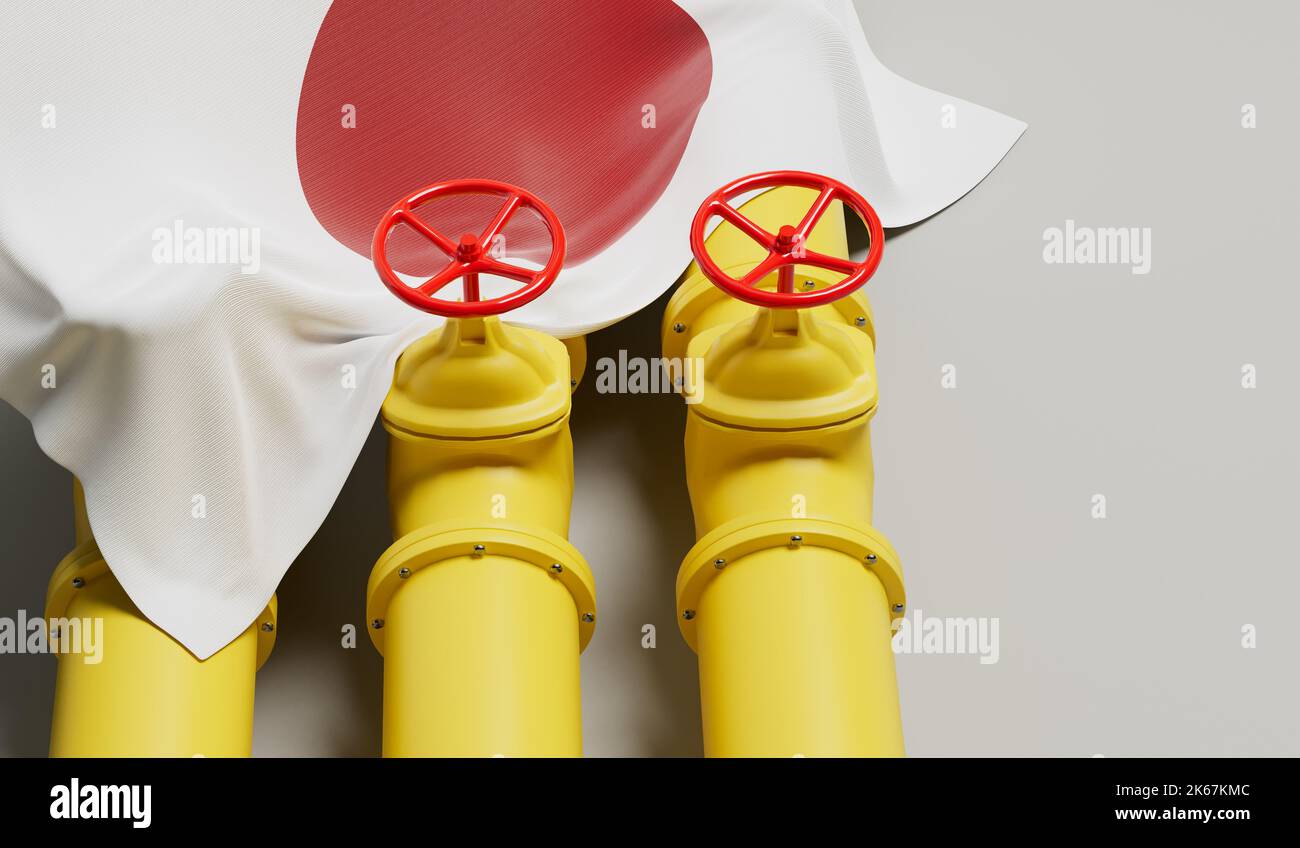 Japan flag covering an oil and gas fuel pipe line. Oil industry concept ...