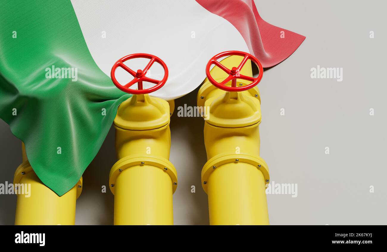 Italy flag covering an oil and gas fuel pipe line. Oil industry concept ...