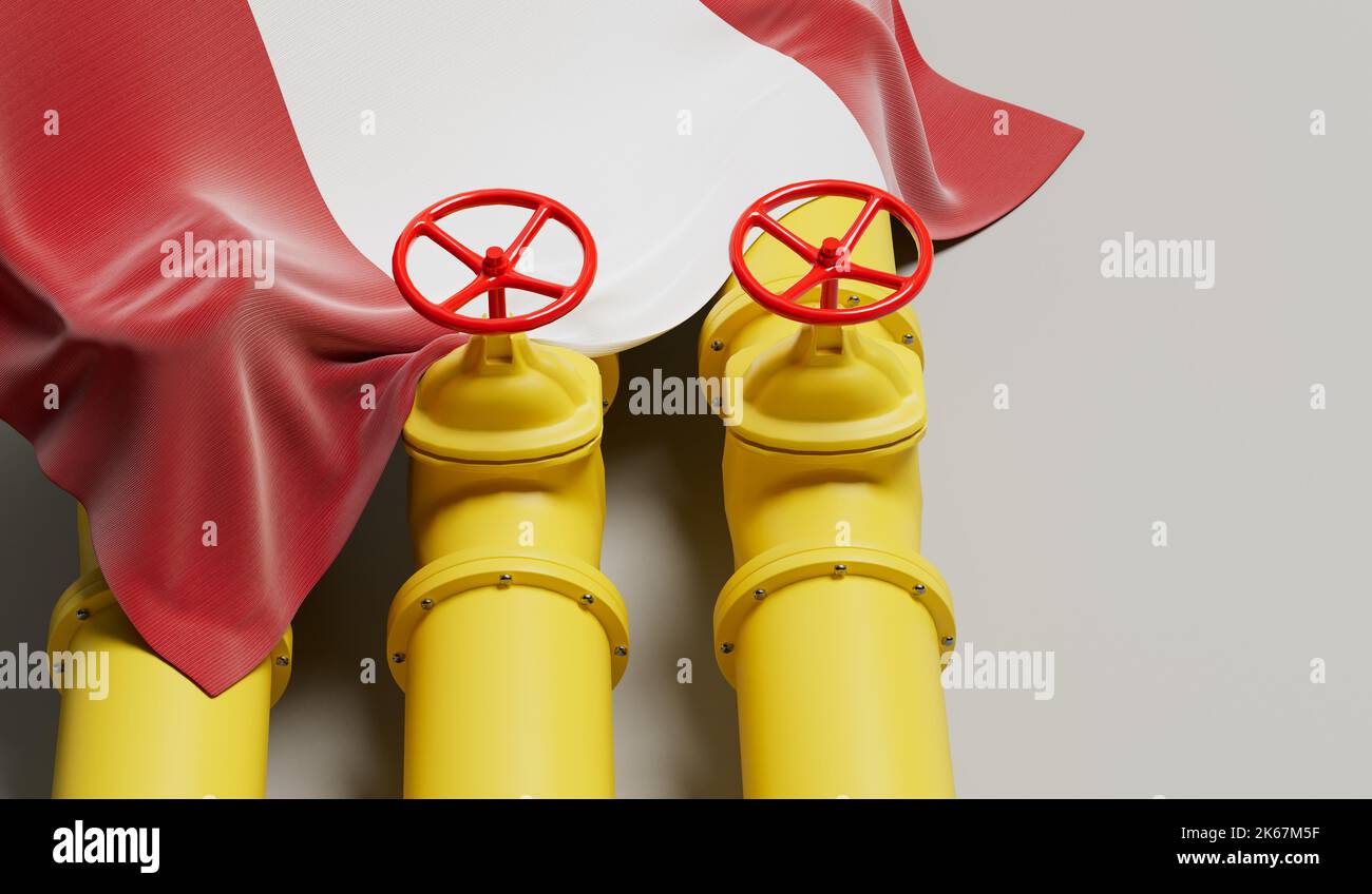 Peru flag covering an oil and gas fuel pipe line. Oil industry concept ...