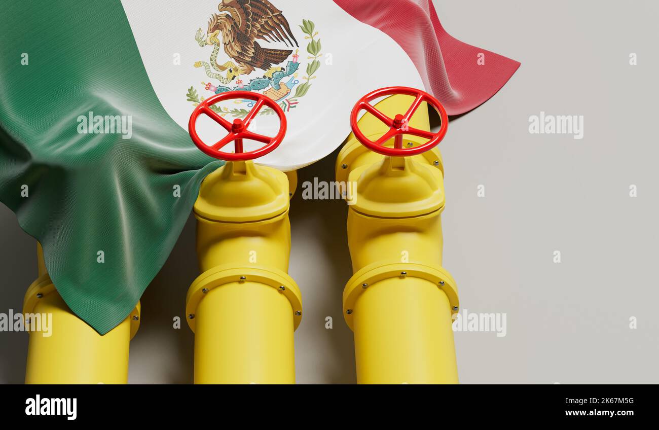 Mexico flag covering an oil and gas fuel pipe line. Oil industry ...