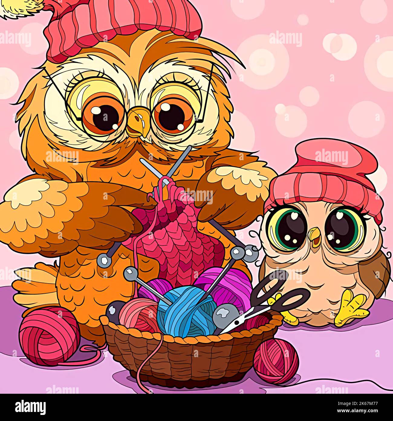 cute owl cartoon illustration knitting clothes Stock Photo - Alamy