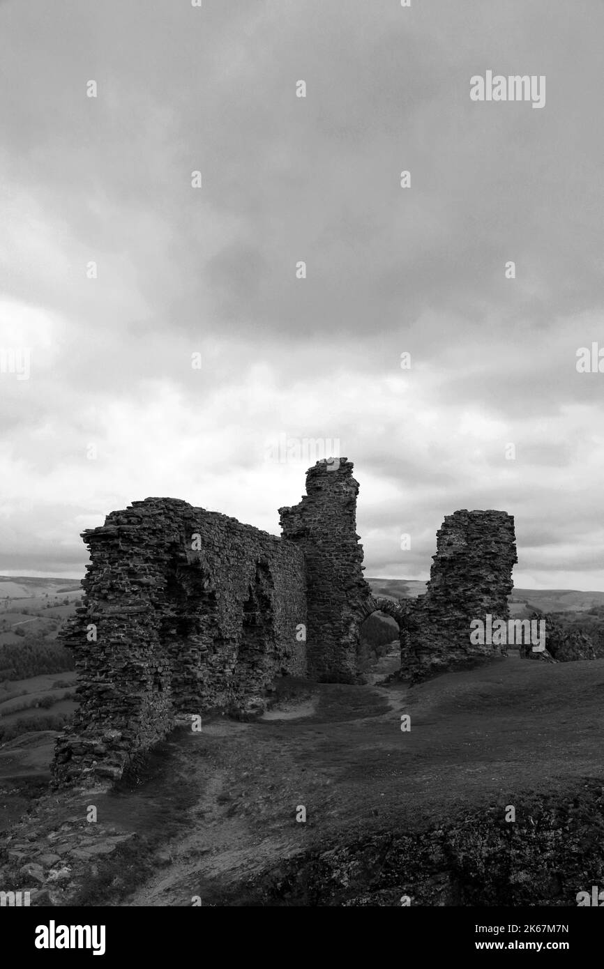 A vertical view of the ancient ruins of Castell Dinas Bran in grayscale ...