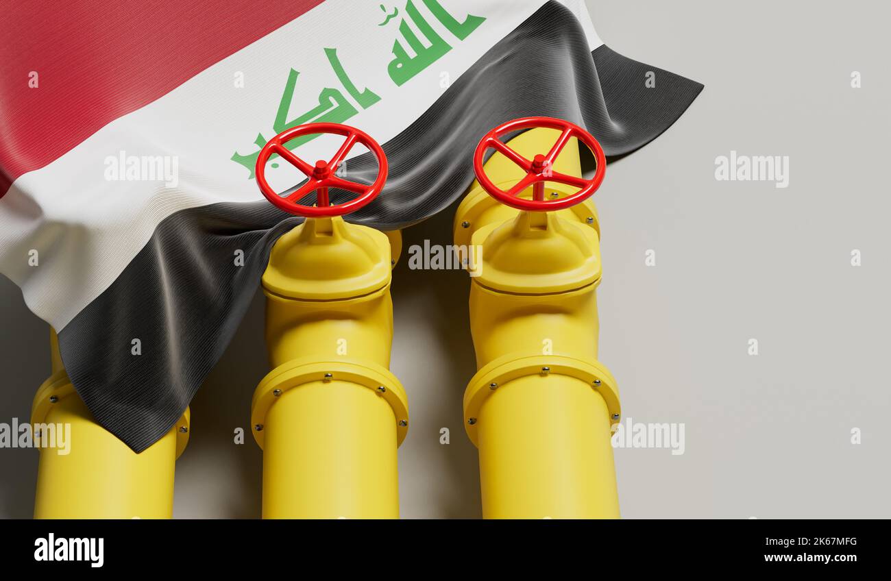 Iraq flag covering an oil and gas fuel pipe line. Oil industry concept ...