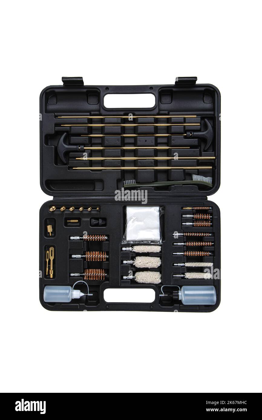 A set for cleaning weapons in a black case isolate on a white ...