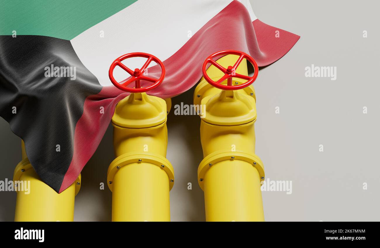 Kuwait flag covering an oil and gas fuel pipe line. Oil industry ...