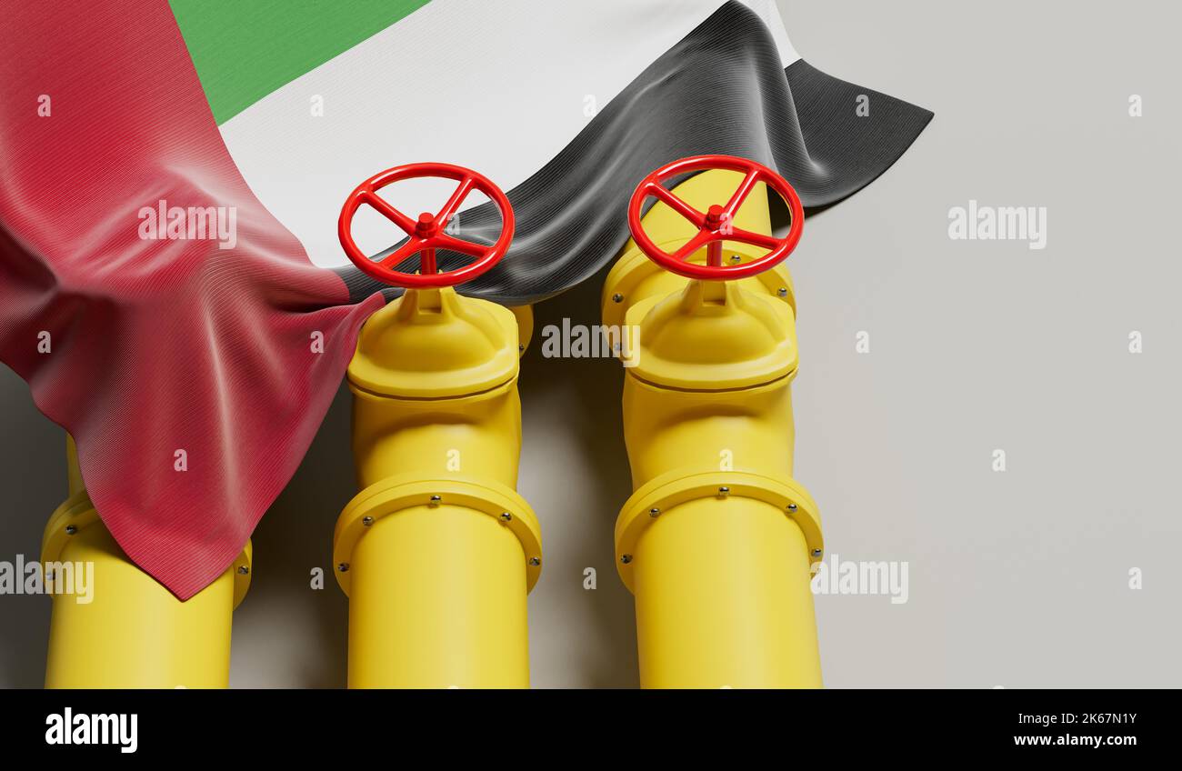 UAE flag covering an oil and gas fuel pipe line. Oil industry concept ...