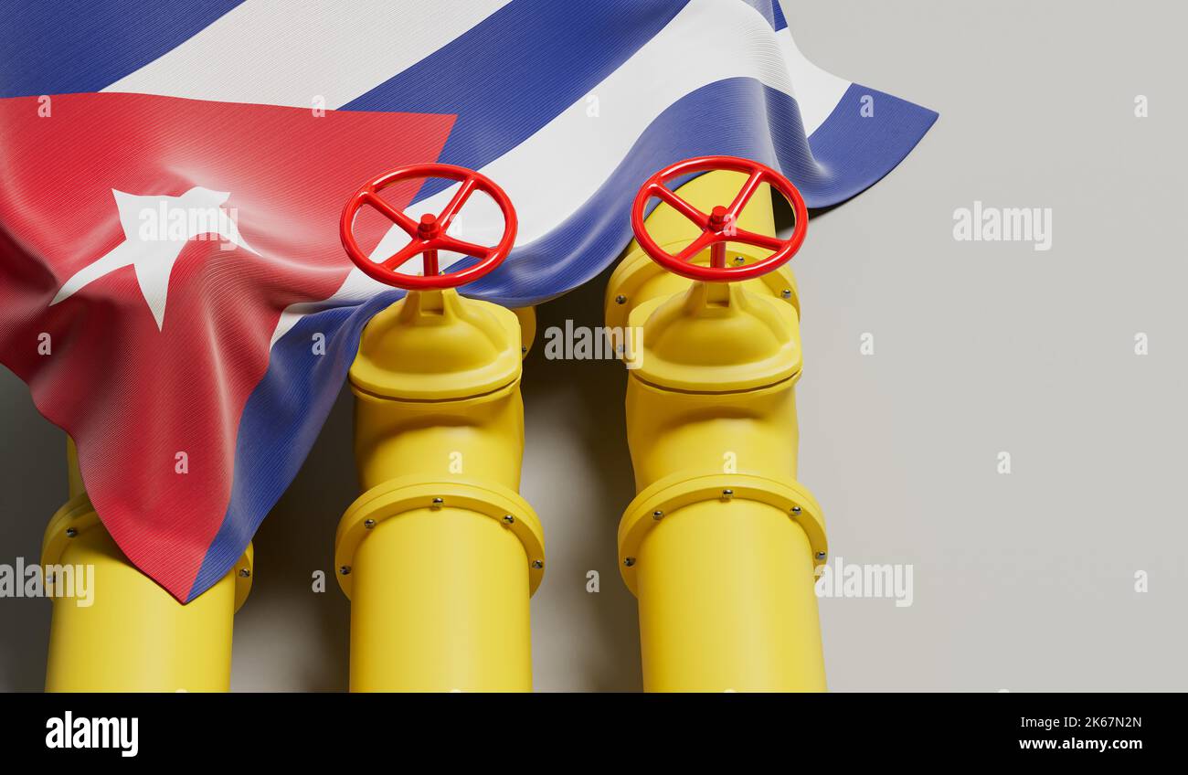 Cuba flag covering an oil and gas fuel pipe line. Oil industry concept ...