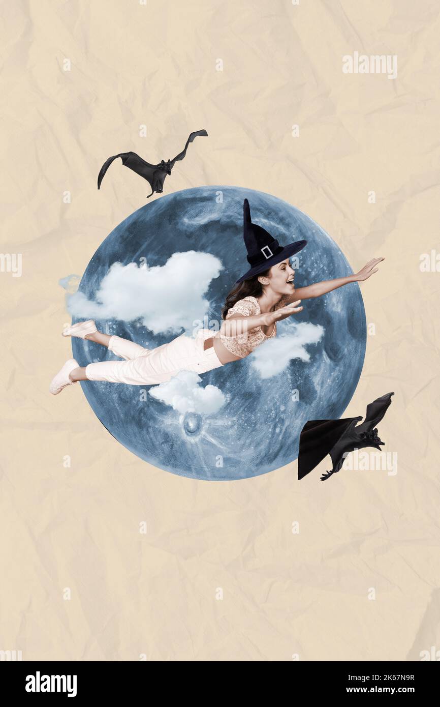 Magazine image collage of lady in warlock dress hat levitate have midnight halloween flight on ...