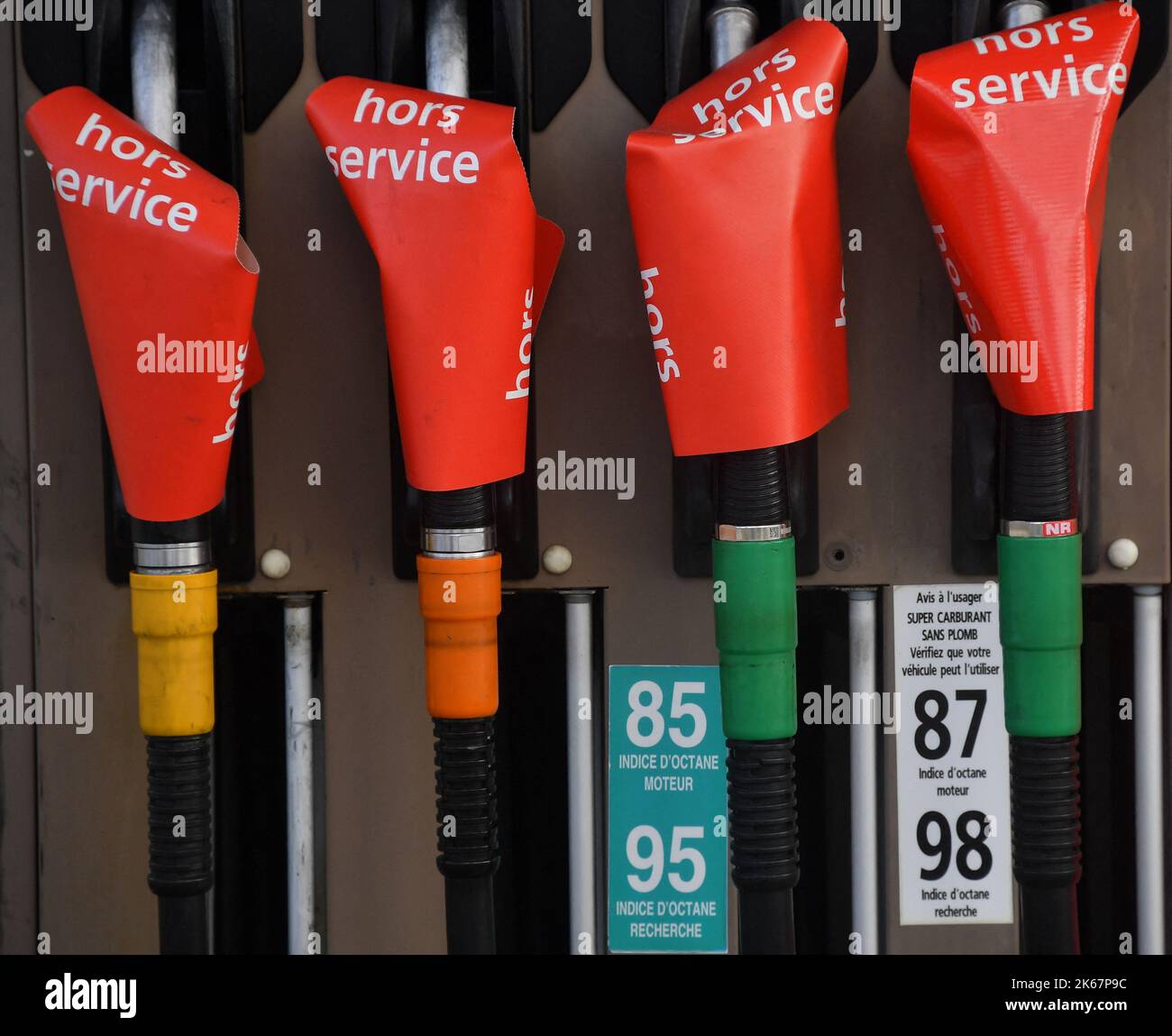 Signs which read "out of order" is pictured on gasoline pumps at a gas ...