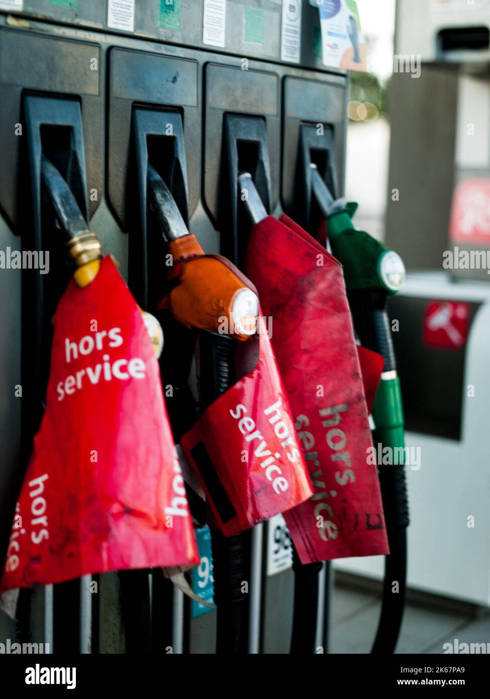 Signs which read "out of order" is pictured on gasoline pumps at a gas ...