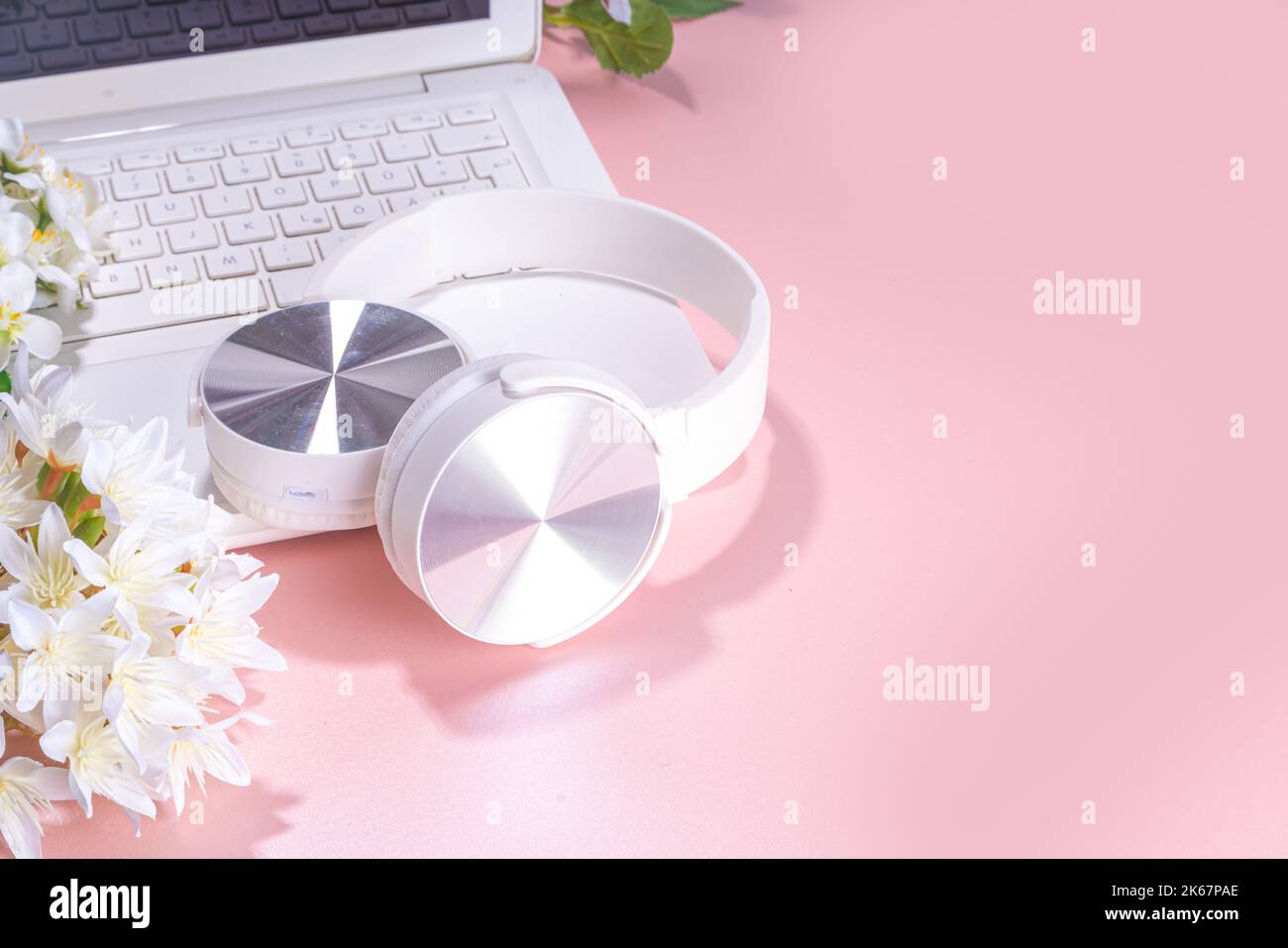 Spring office workplace, blogging flat lay background. White laptop ...