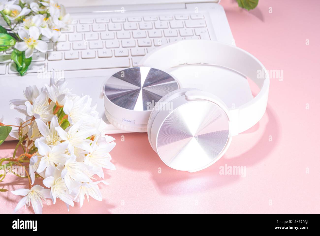 Spring office workplace, blogging flat lay background. White laptop ...