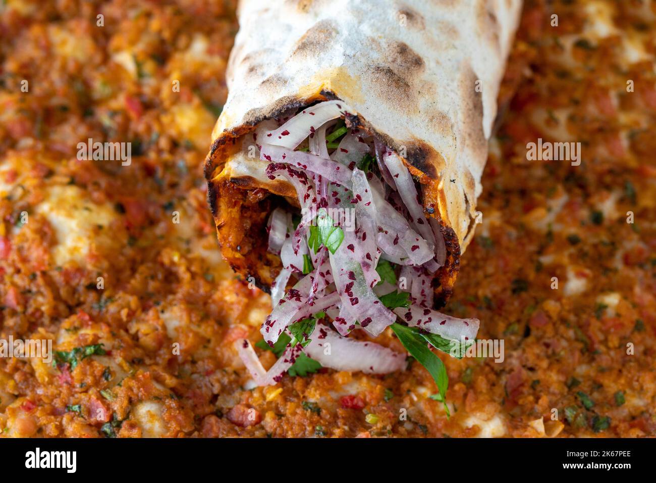 Lahmacun or Turkish pizza with minced meat. Turkish foods. close up ...