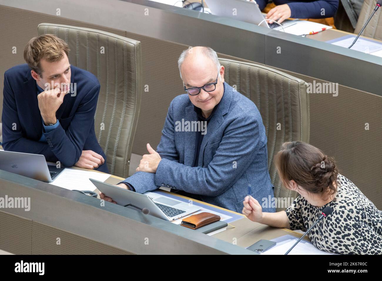PVDA's Jos D'Haese, Groen's Bjorn Rzoska and Vooruit's Hannelore Goeman ...