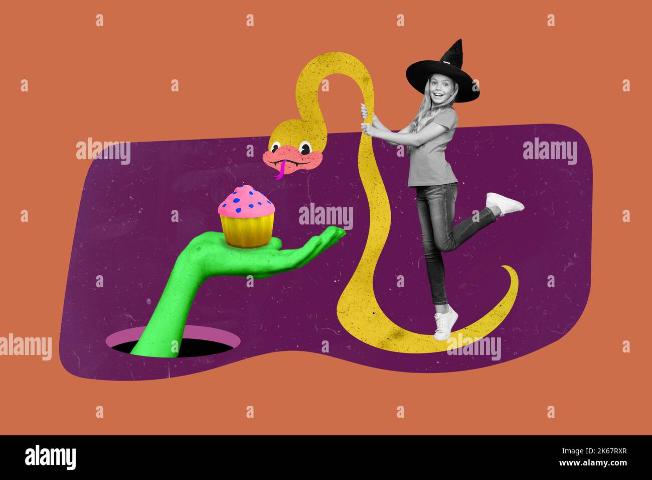 Creative collage of small girl black white colors hold snake big arm ...