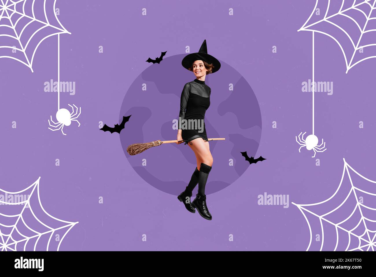 Creative Collage Portrait Of Positive Pretty Conjurer Girl Flying