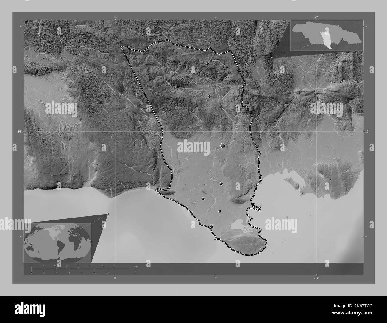 Clarendon, parish of Jamaica. Grayscale elevation map with lakes and ...