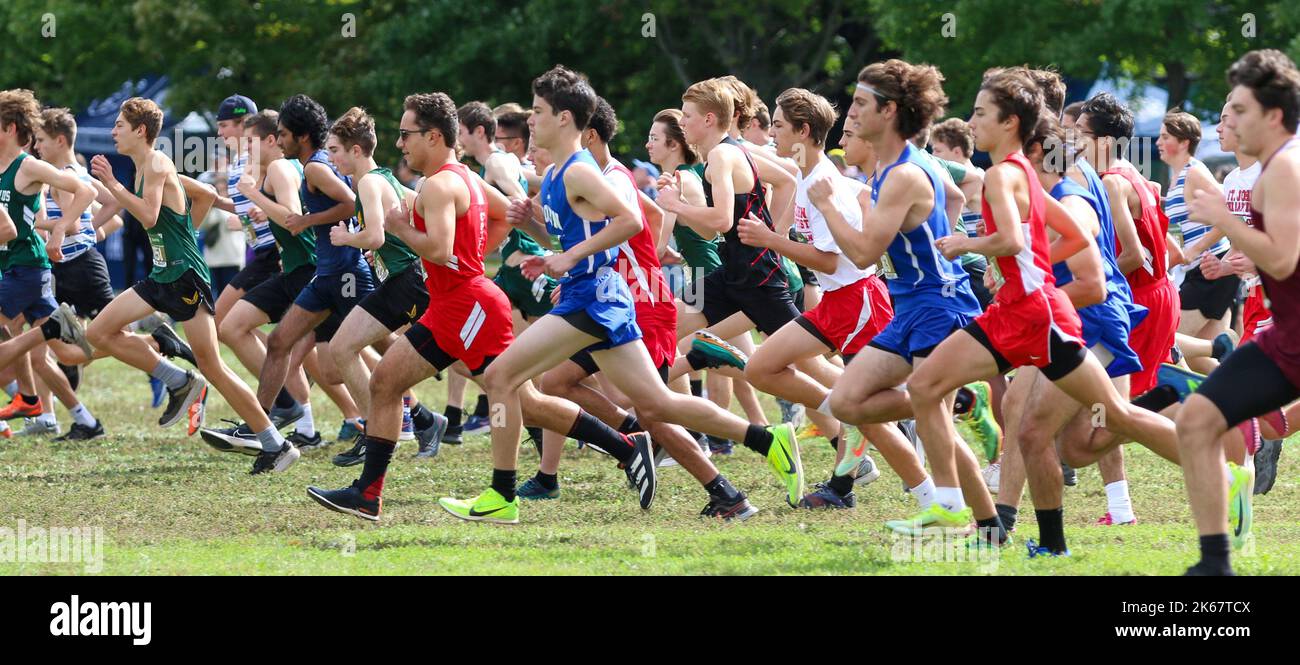 Bronx, New York, USA - 8 October 2022: Side view of the start of a boys ...