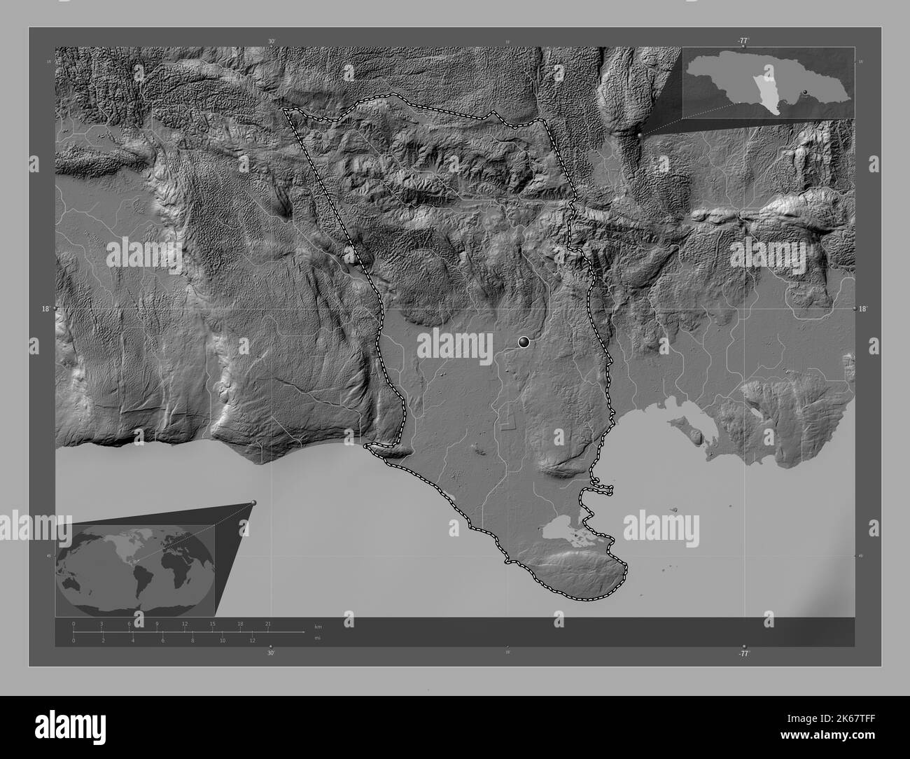 Clarendon, parish of Jamaica. Bilevel elevation map with lakes and ...