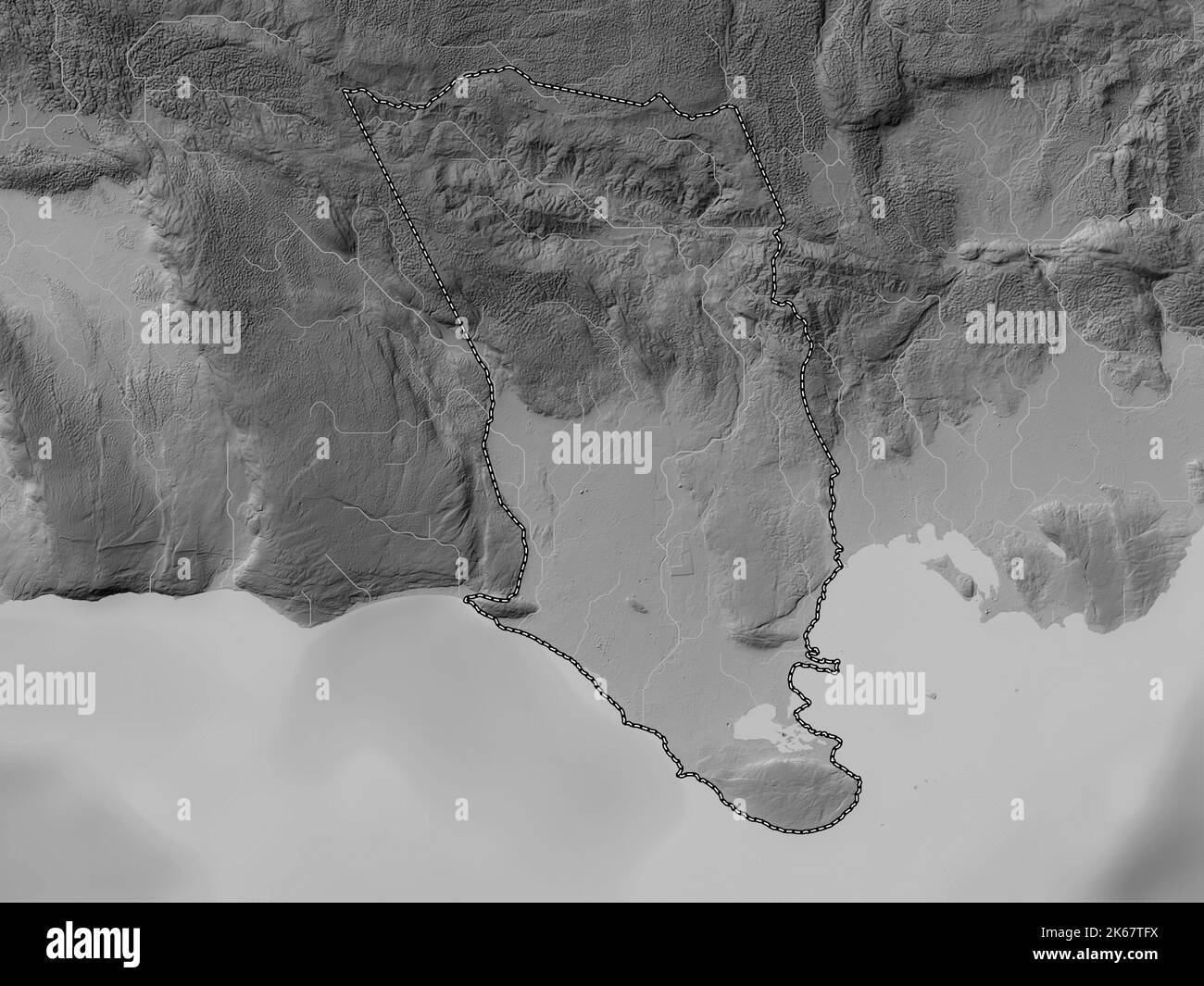 Clarendon, parish of Jamaica. Grayscale elevation map with lakes and ...