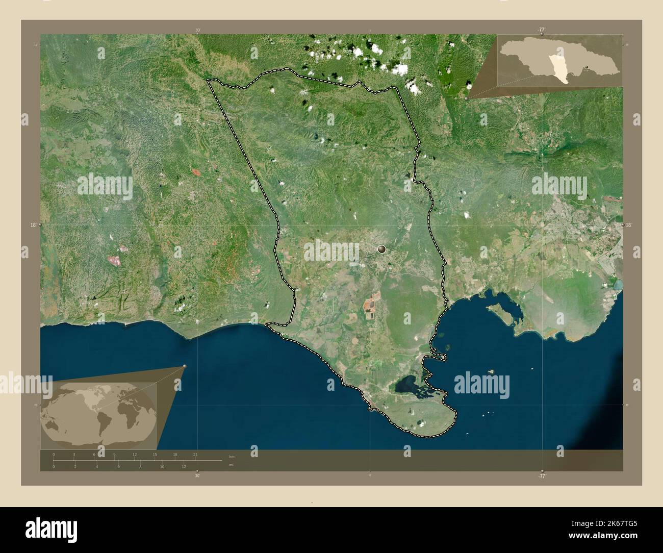 Clarendon, parish of Jamaica. High resolution satellite map. Corner ...