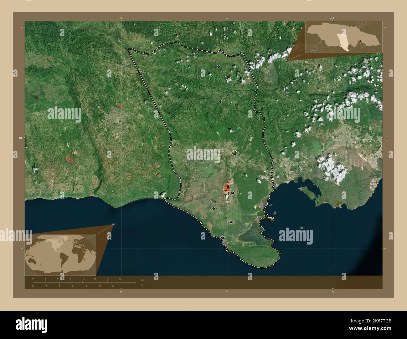 Clarendon, parish of Jamaica. Low resolution satellite map. Locations ...