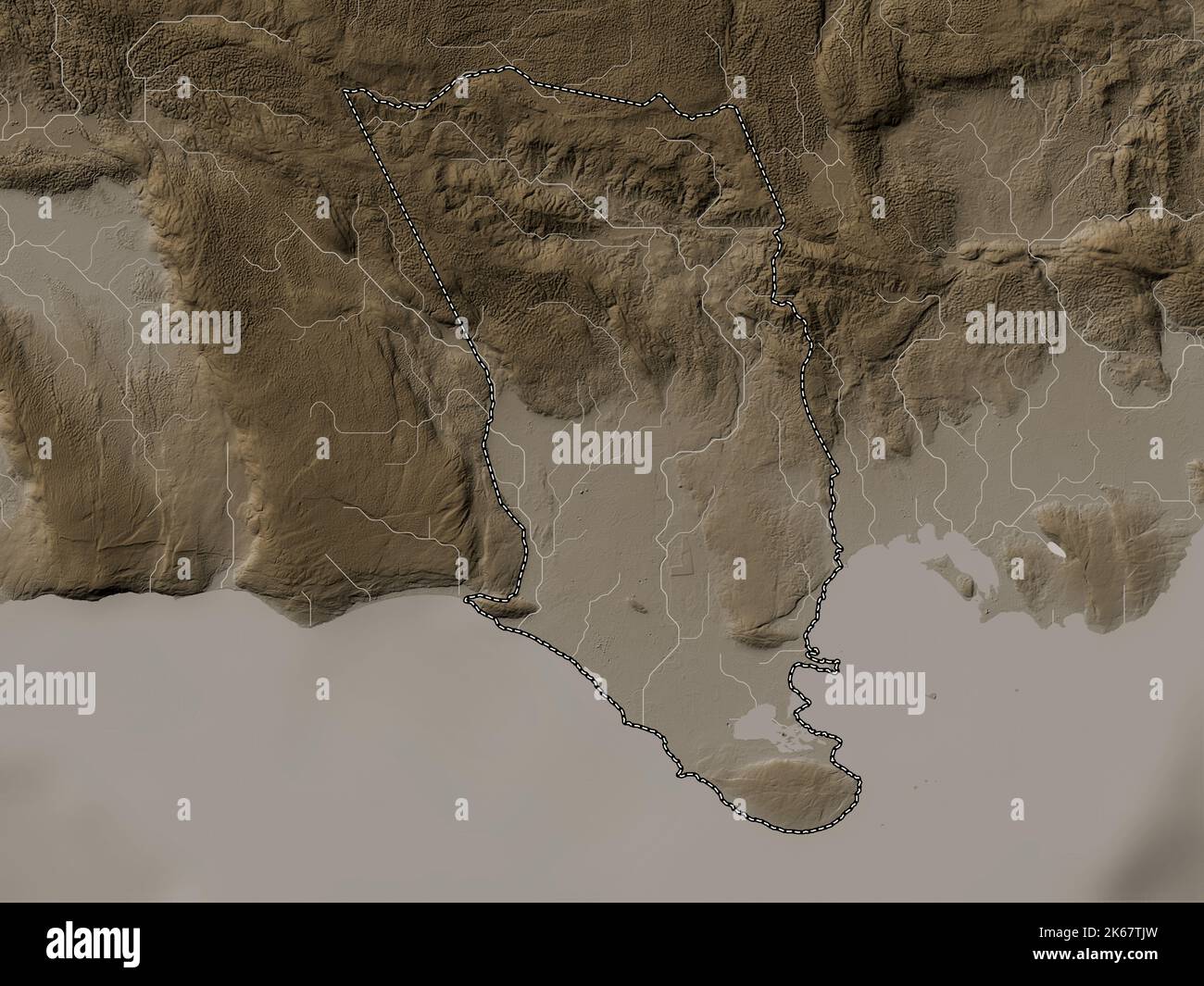Clarendon, parish of Jamaica. Elevation map colored in sepia tones with ...
