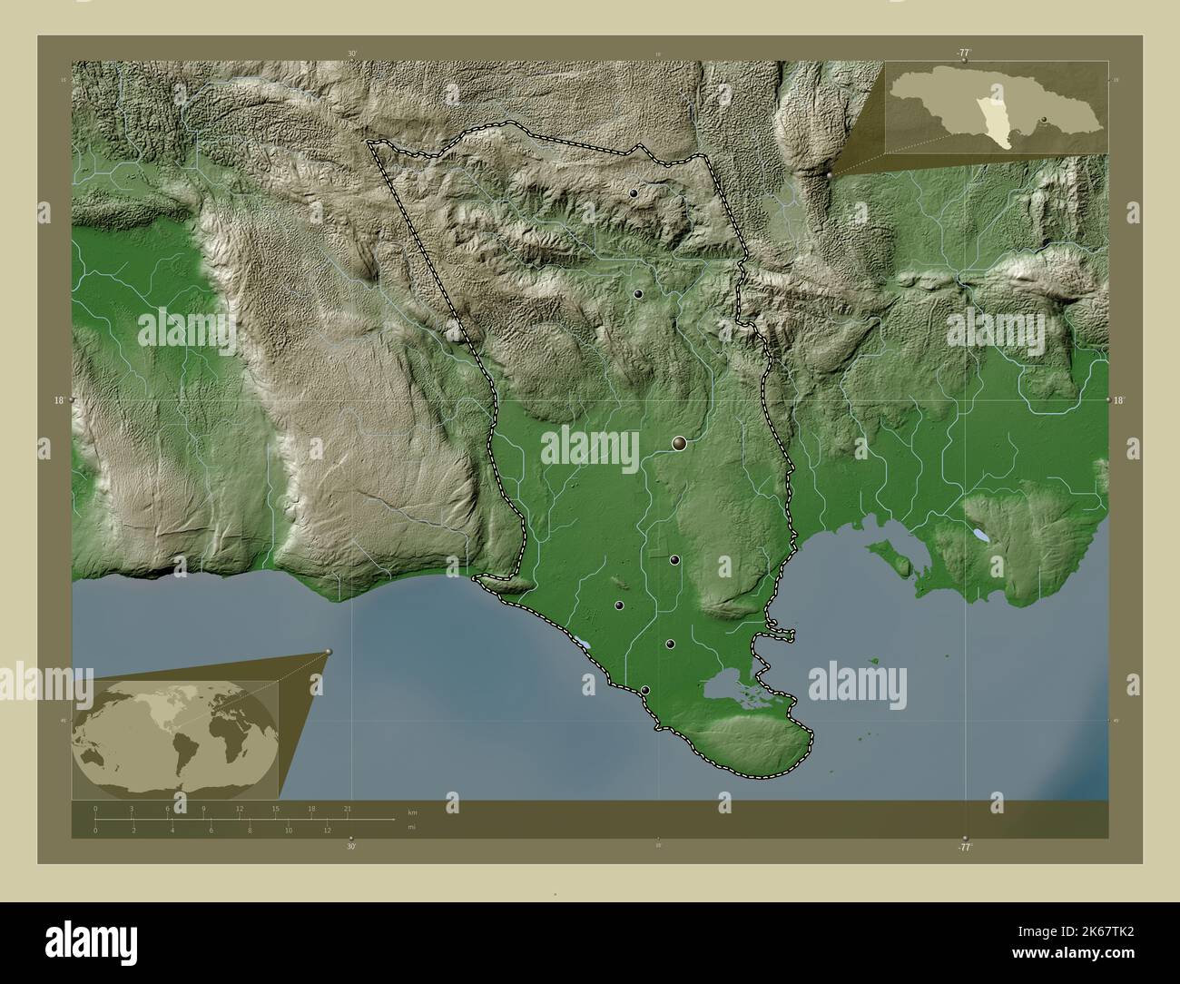 Clarendon, parish of Jamaica. Elevation map colored in wiki style with ...