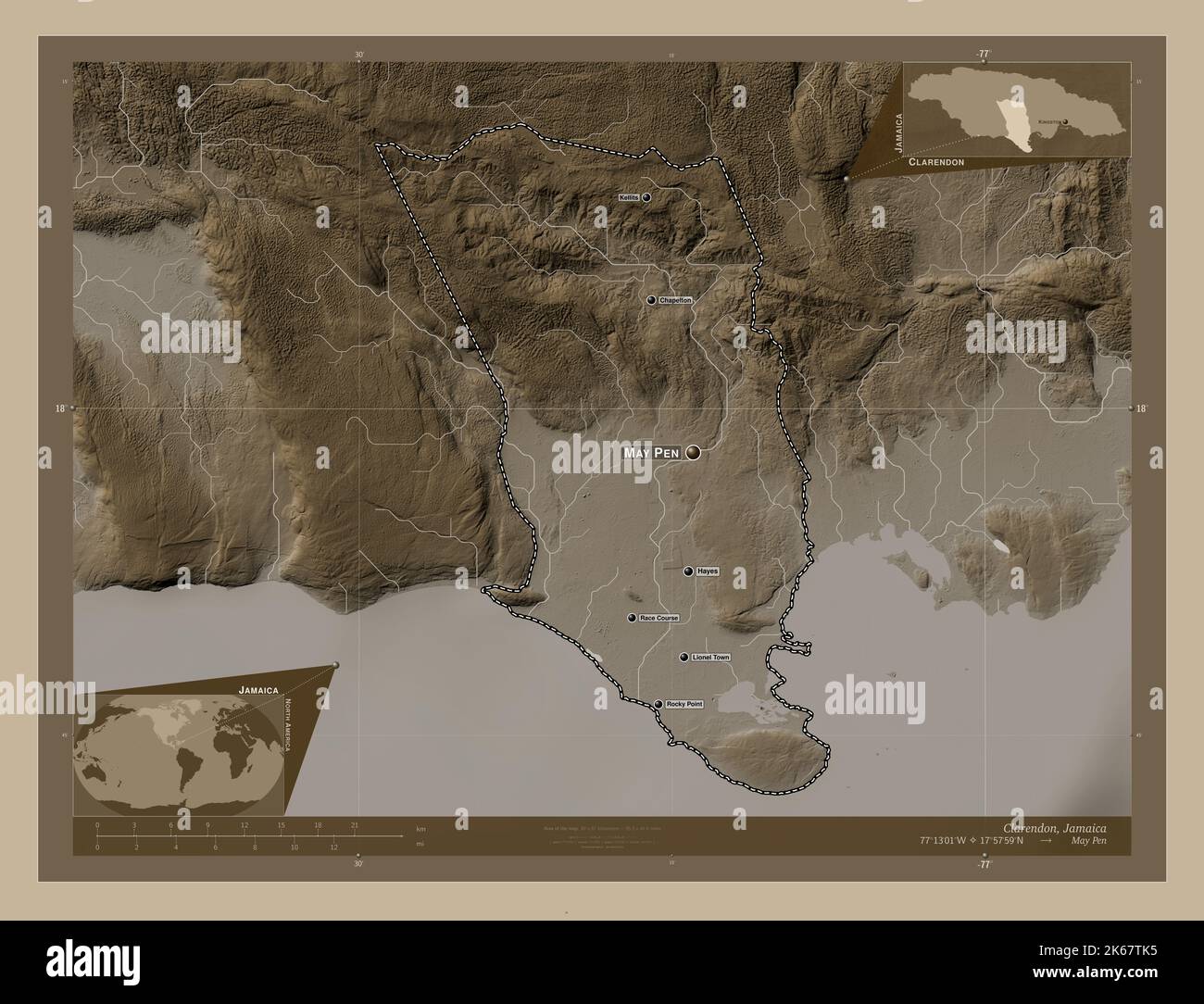 Clarendon, parish of Jamaica. Elevation map colored in sepia tones with ...