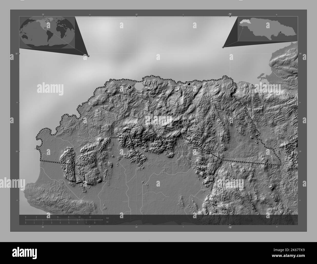 Hanover, parish of Jamaica. Bilevel elevation map with lakes and rivers ...