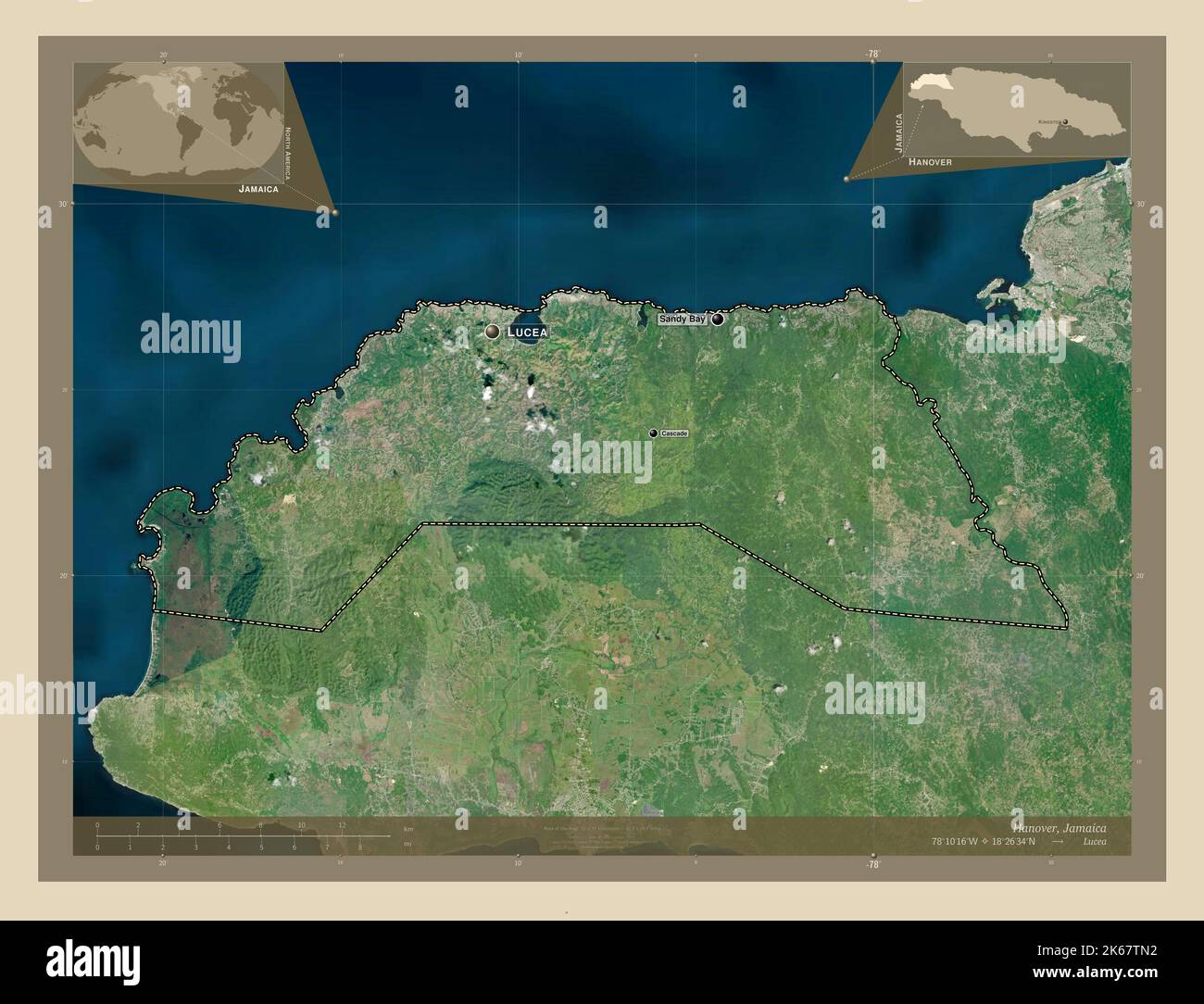 Hanover, parish of Jamaica. High resolution satellite map. Locations ...