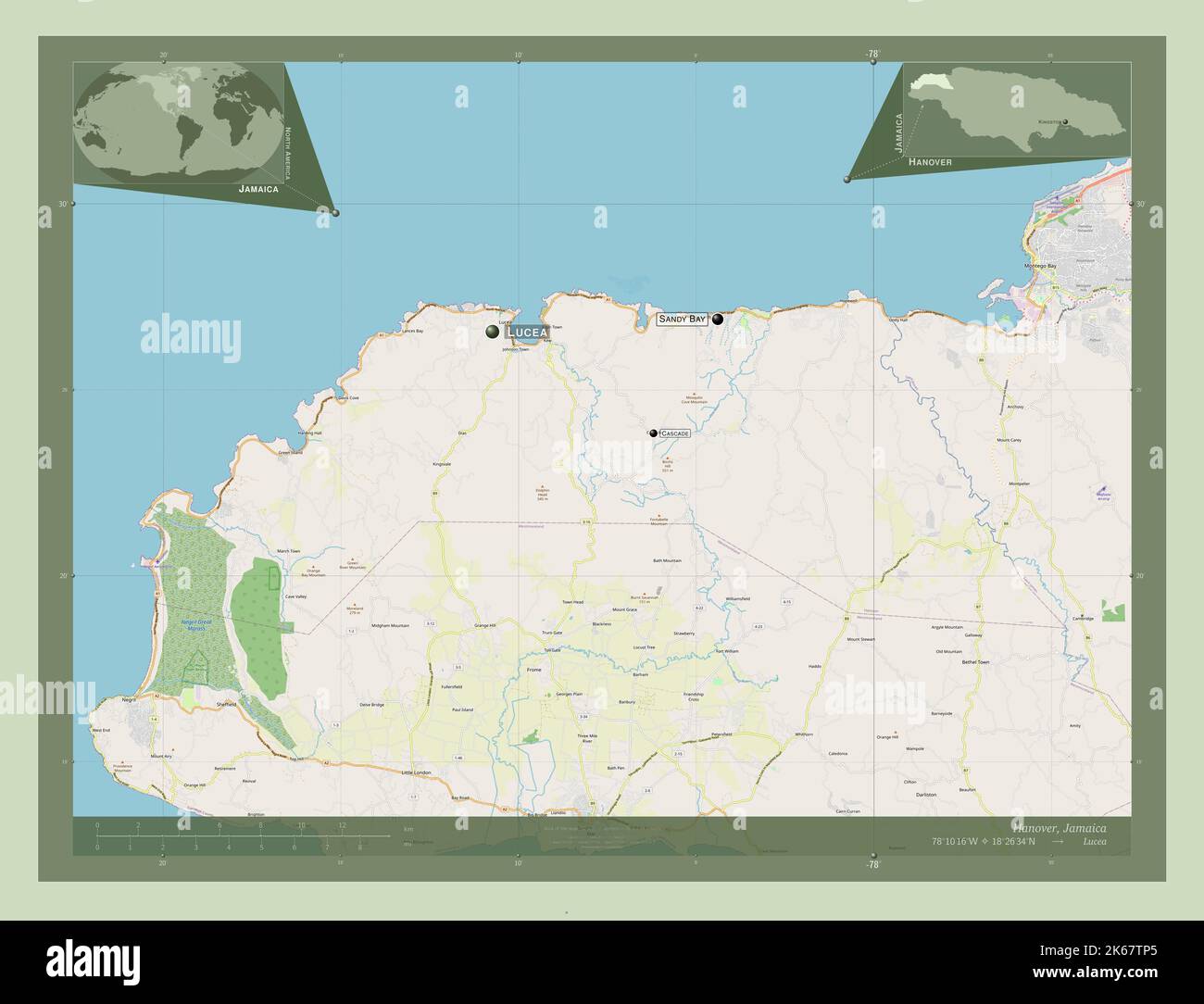 Hanover, parish of Jamaica. Open Street Map. Locations and names of ...
