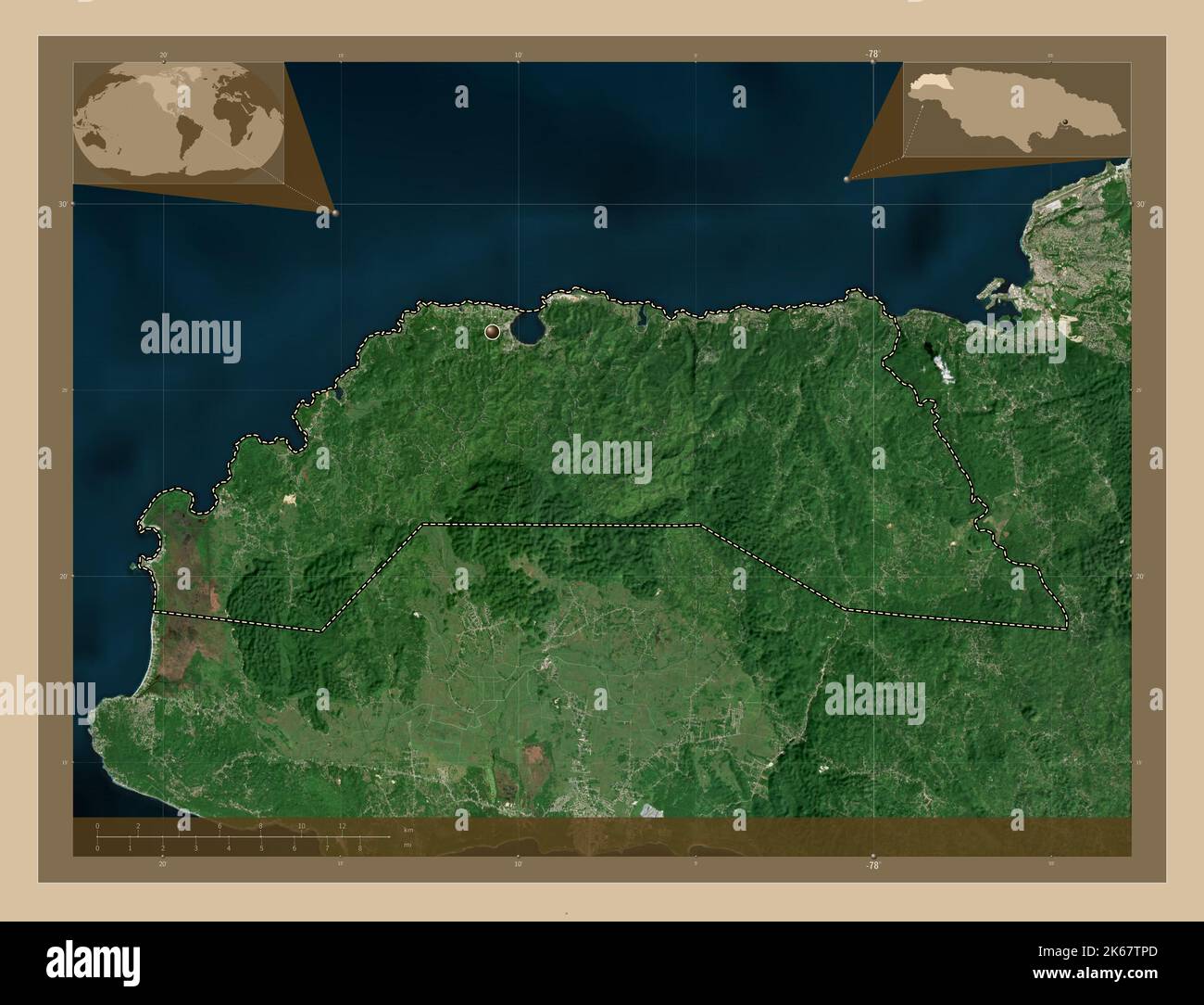 Hanover, parish of Jamaica. Low resolution satellite map. Corner ...