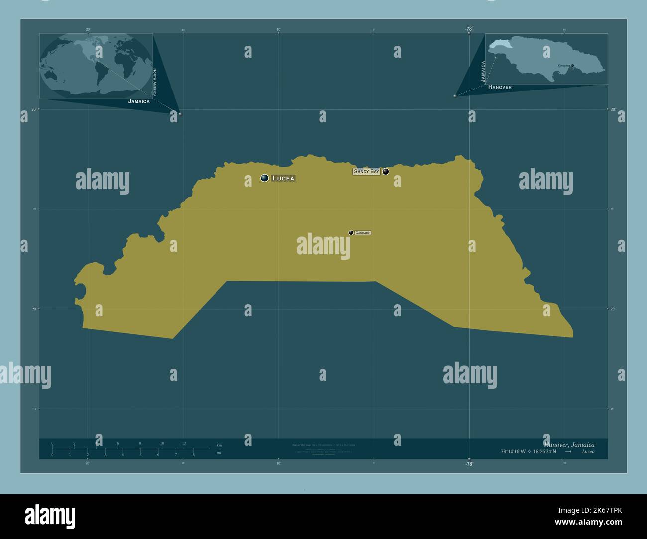 Hanover, parish of Jamaica. Solid color shape. Locations and names of ...
